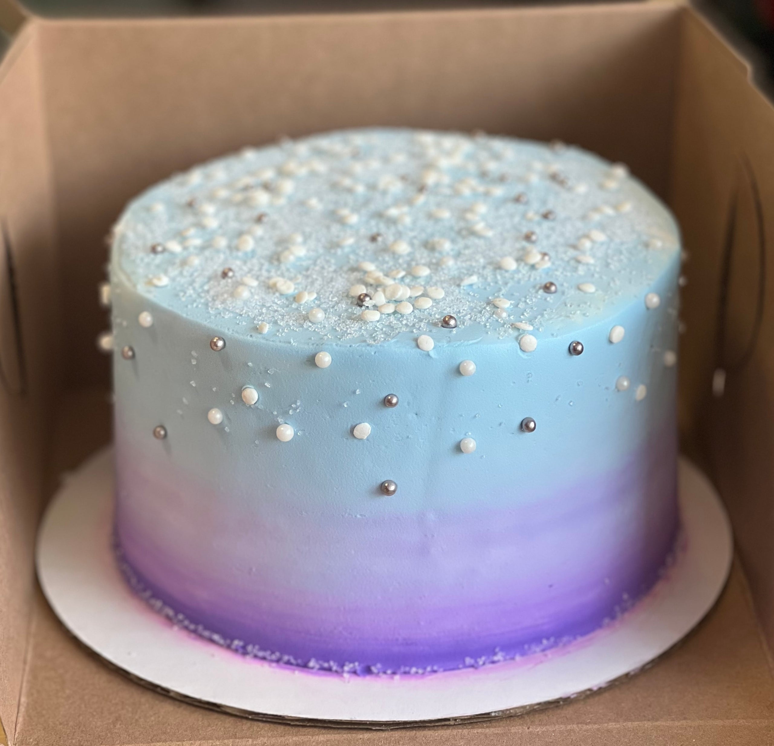 8" vanilla birthday cake (choc frosting filling, blue & purple ombre ...